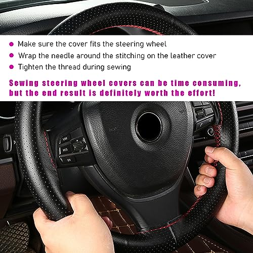 Ziciner Genuine Leather Steering Wheel Cover, Stitch on Wrap, Breathable Anti-Slip Car Steering Wheel Protector for Max Diameter 15 Inch, DIY Sewing with Needle Thread (Black, Hole)