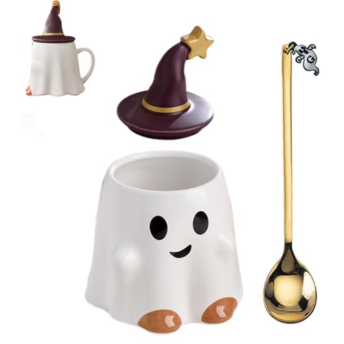 TariWisley Ghost Mug and Spoon Combination Halloween Ghost Cup Halloween Ghost Cute Ceramic Cup Home Office Decoration Ceramic Cup (Ghost Cup with Lid)