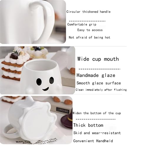 TariWisley Ghost Mug and Spoon Combination Halloween Ghost Cup Halloween Ghost Cute Ceramic Cup Home Office Decoration Ceramic Cup (Ghost Cup with Lid)