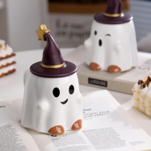 TariWisley Ghost Mug and Spoon Combination Halloween Ghost Cup Halloween Ghost Cute Ceramic Cup Home Office Decoration Ceramic Cup (Ghost Cup with Lid)