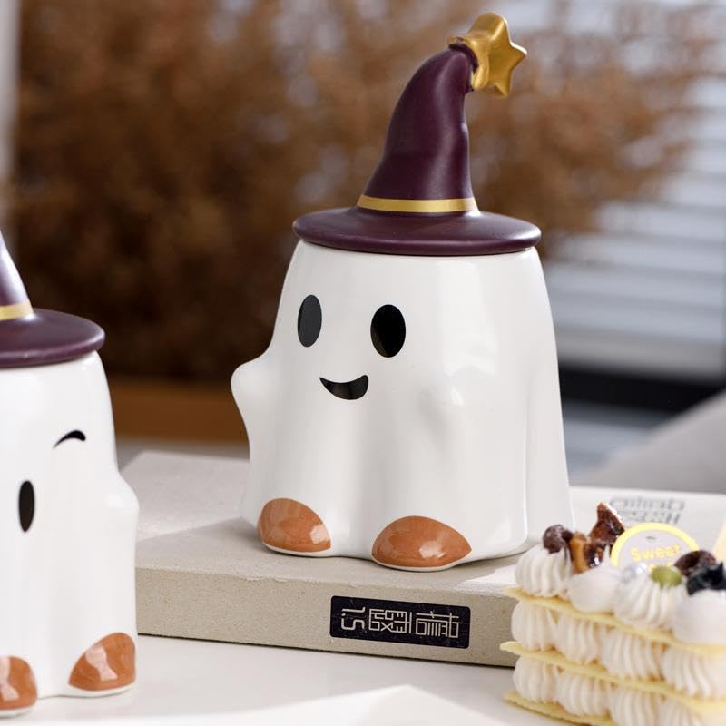 TariWisley Ghost Mug and Spoon Combination Halloween Ghost Cup Halloween Ghost Cute Ceramic Cup Home Office Decoration Ceramic Cup (Ghost Cup with Lid)