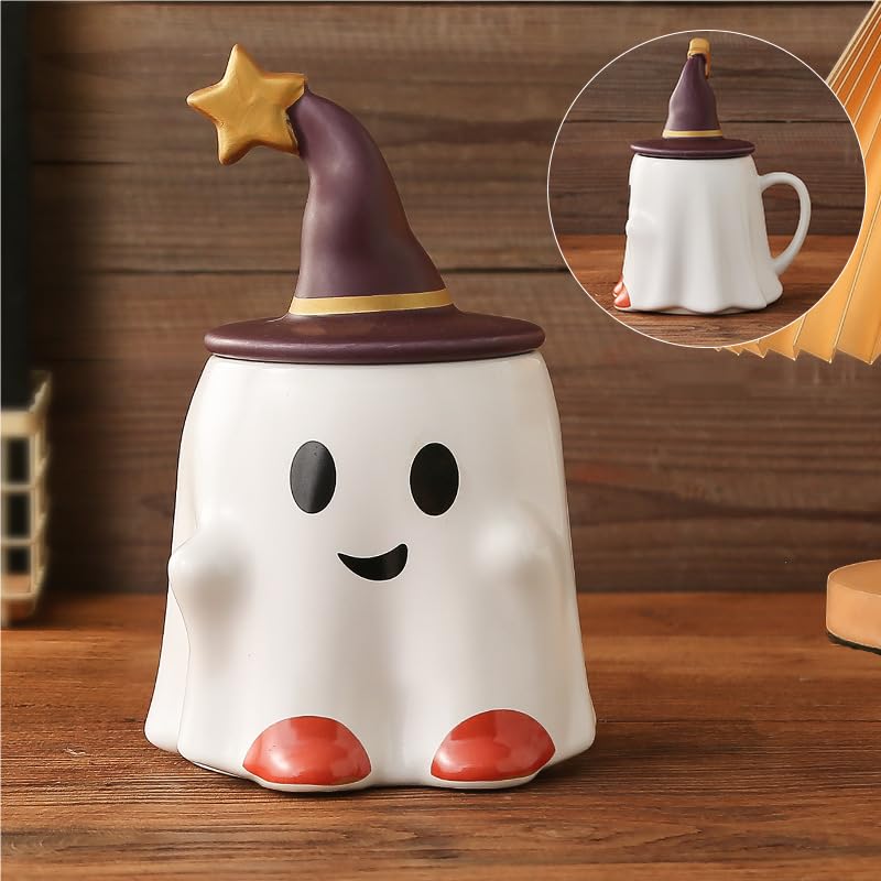 TariWisley Ghost Mug and Spoon Combination Halloween Ghost Cup Halloween Ghost Cute Ceramic Cup Home Office Decoration Ceramic Cup (Ghost Cup with Lid)