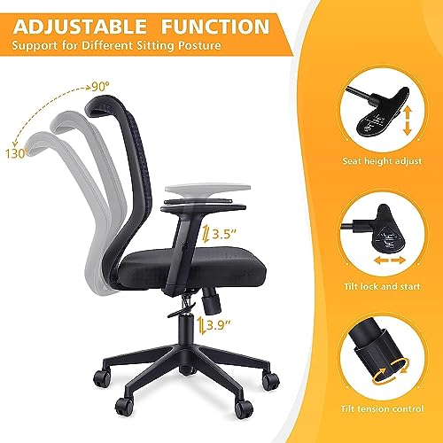 ETasker Ergonomic Office Chair Home: Mesh Desk Chair with Adjustable Arms - Mid Back Computer Chairs for Women Adults - Swivel Task Chair Comfortable for Home Office (Black)