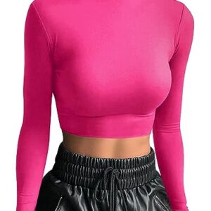 MSBASIC Pink Crop Tops for Women Trendy Underscrub Long Sleeve Turtleneck Basic Slim Fit Tshirts(X-Large,Hot Pink)