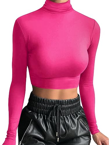 MSBASIC Pink Crop Tops for Women Trendy Underscrub Long Sleeve Turtleneck Basic Slim Fit Tshirts(X-Large,Hot Pink)