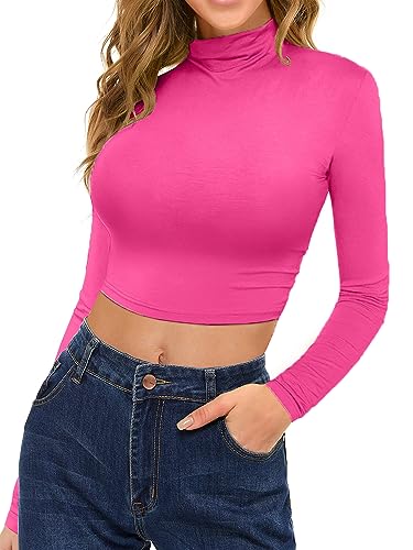 MSBASIC Pink Crop Tops for Women Trendy Underscrub Long Sleeve Turtleneck Basic Slim Fit Tshirts(X-Large,Hot Pink)