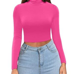 MSBASIC Pink Crop Tops for Women Trendy Underscrub Long Sleeve Turtleneck Basic Slim Fit Tshirts(X-Large,Hot Pink)