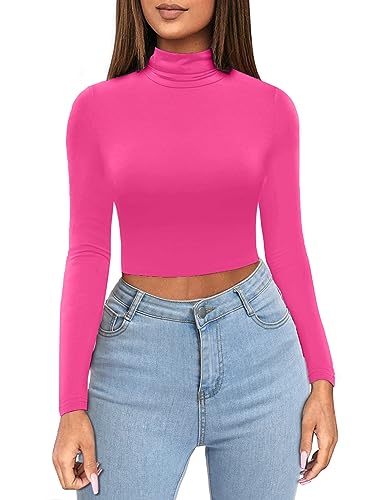 MSBASIC Pink Crop Tops for Women Trendy Underscrub Long Sleeve Turtleneck Basic Slim Fit Tshirts(X-Large,Hot Pink)