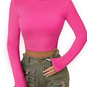 MSBASIC Pink Crop Tops for Women Trendy Underscrub Long Sleeve Turtleneck Basic Slim Fit Tshirts(X-Large,Hot Pink)