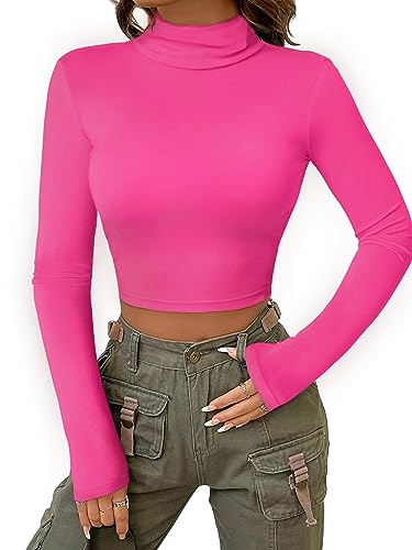 MSBASIC Pink Crop Tops for Women Trendy Underscrub Long Sleeve Turtleneck Basic Slim Fit Tshirts(X-Large,Hot Pink)