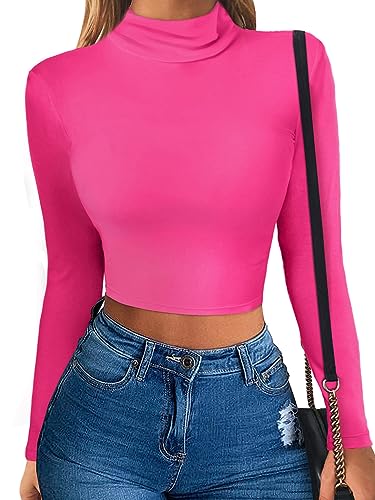 MSBASIC Pink Crop Tops for Women Trendy Underscrub Long Sleeve Turtleneck Basic Slim Fit Tshirts(X-Large,Hot Pink)