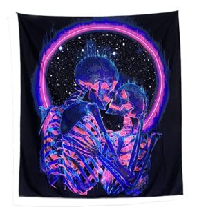 biecwiay skull kiss lover blacklight tapestry for bedroom tapestry uv reactive fantasy skeleton trippy tapestry black light tapestry aesthetic wall hanging for room home decor