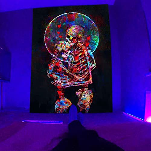 BIECWIAY Skull Kiss Lover Blacklight Tapestry UV Reactive Tapestry for Bedroom Fantasy Skeleton Trippy Tapestry Black Light Tapestry Aesthetic Wall Hanging for Room Home Decor