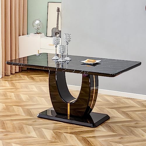 Modern Rectangular Marble Dining Table for 6-8 with Black Marble Tabletop and Black U-Shape Pedestal for Kitchen Dining Living Meeting Room Banquet Hall (Black10)