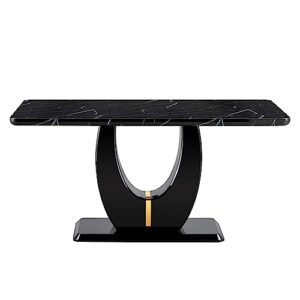 Modern Rectangular Marble Dining Table for 6-8 with Black Marble Tabletop and Black U-Shape Pedestal for Kitchen Dining Living Meeting Room Banquet Hall (Black10)