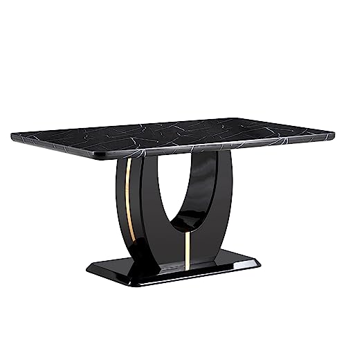 Modern Rectangular Marble Dining Table for 6-8 with Black Marble Tabletop and Black U-Shape Pedestal for Kitchen Dining Living Meeting Room Banquet Hall (Black10)