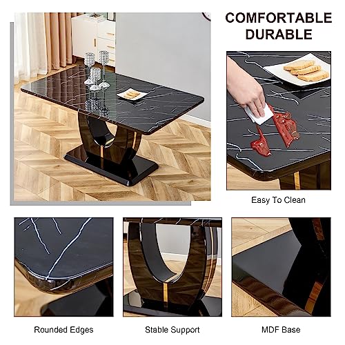 Modern Rectangular Marble Dining Table for 6-8 with Black Marble Tabletop and Black U-Shape Pedestal for Kitchen Dining Living Meeting Room Banquet Hall (Black10)