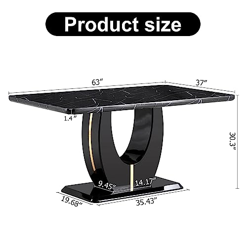 Modern Rectangular Marble Dining Table for 6-8 with Black Marble Tabletop and Black U-Shape Pedestal for Kitchen Dining Living Meeting Room Banquet Hall (Black10)