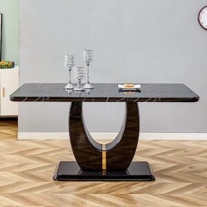 Modern Rectangular Marble Dining Table for 6-8 with Black Marble Tabletop and Black U-Shape Pedestal for Kitchen Dining Living Meeting Room Banquet Hall (Black10)