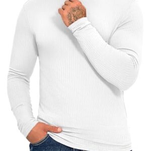 ZAFUL Mens Long Sleeve Mock Turtleneck T-Shirts Casual Thermal Pullover Top Slim Fit Stretch Basic Undershirt White M