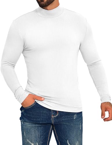 ZAFUL Mens Long Sleeve Mock Turtleneck T-Shirts Casual Thermal Pullover Top Slim Fit Stretch Basic Undershirt White M