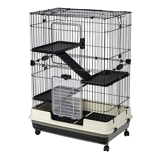 4-Tier 32 Inch Small Animal Cage with Tray and Lockable Casters, Height Adjustable Metal Pet Cage for Chinchilla Ferret Bunny Guinea Pig Squirrel Hedgehog