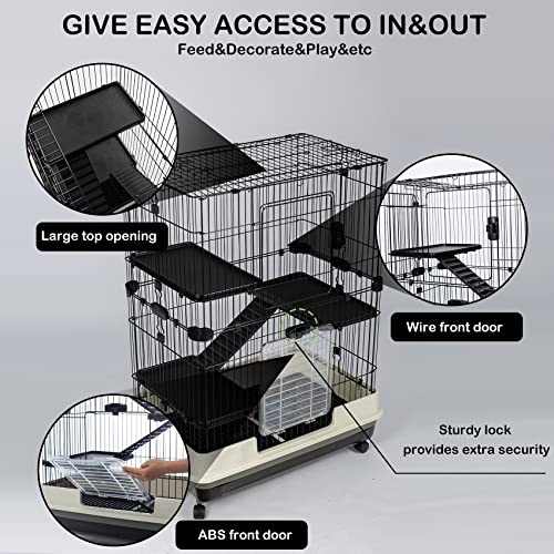 4-Tier 32 Inch Small Animal Cage with Tray and Lockable Casters, Height Adjustable Metal Pet Cage for Chinchilla Ferret Bunny Guinea Pig Squirrel Hedgehog