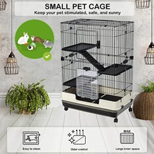 4-Tier 32 Inch Small Animal Cage with Tray and Lockable Casters, Height Adjustable Metal Pet Cage for Chinchilla Ferret Bunny Guinea Pig Squirrel Hedgehog