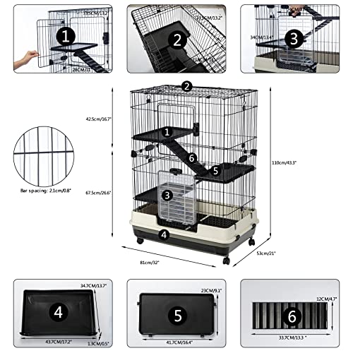 4-Tier 32 Inch Small Animal Cage with Tray and Lockable Casters, Height Adjustable Metal Pet Cage for Chinchilla Ferret Bunny Guinea Pig Squirrel Hedgehog