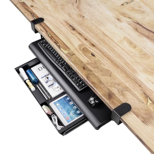 EHO Keyboard Tray with Drawer - Clamp On Under Desk Pull Out Extender Table Attachment Platform with Storage Organizer, Large Size 27.5" x 12.25", Height Adjustable for Home Office