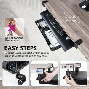 EHO Keyboard Tray with Drawer - Clamp On Under Desk Pull Out Extender Table Attachment Platform with Storage Organizer, Large Size 27.5" x 12.25", Height Adjustable for Home Office