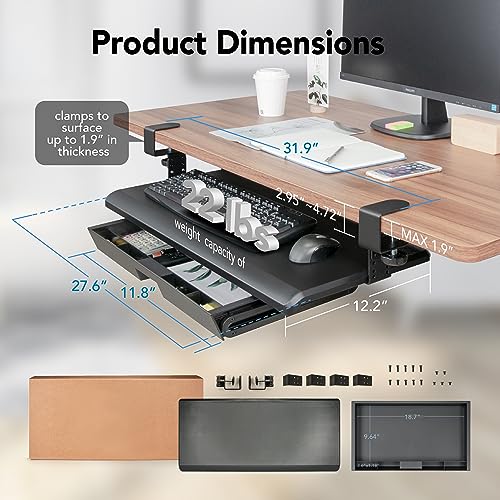 EHO Keyboard Tray with Drawer - Clamp On Under Desk Pull Out Extender Table Attachment Platform with Storage Organizer, Large Size 27.5" x 12.25", Height Adjustable for Home Office