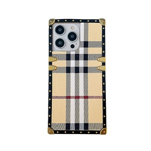 Luxury Square Case Compatible with iPhone 14 Pro Max Case for Women Men,PU Leather Classic Checkered Style Pattern Protective Cover Case for iPhone 14Pro Max 6.7"-Yellow