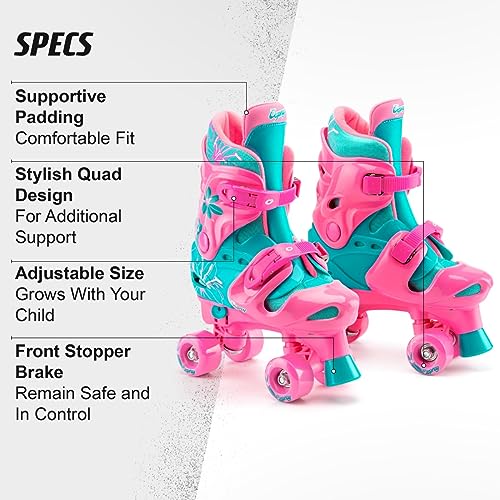 Osprey Roller Skate | for Girls, Kids Beginners, Adjustable Sizing Quad Skates, 4 Wheel Skates, Durable Safe-Lock Straps, Flower Design