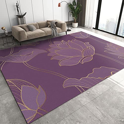 Purple Gold Lotus Area Rug, Fashion Simple Light Luxury Indoor Non-Slip Kids Rugs, Machine Washable Breathable Durable Carpet for Front Entrance Floor Decor,5 x 7ft