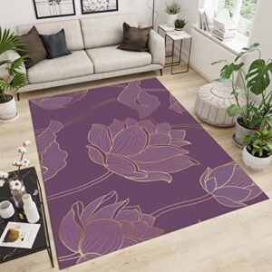 Purple Gold Lotus Area Rug, Fashion Simple Light Luxury Indoor Non-Slip Kids Rugs, Machine Washable Breathable Durable Carpet for Front Entrance Floor Decor,5 x 7ft