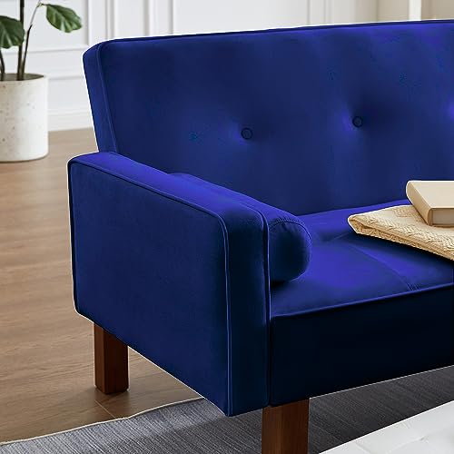 SYING88 Modern Velvet Convertible Futon Sofa and Comfortable Memory Foam Futon Couch Sofa Bed with Arms and 2 Pillows for Living Room Bedroom(Blue)