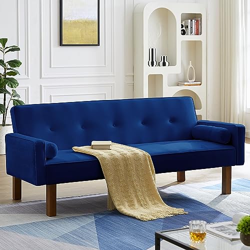 SYING88 Modern Velvet Convertible Futon Sofa and Comfortable Memory Foam Futon Couch Sofa Bed with Arms and 2 Pillows for Living Room Bedroom(Blue)