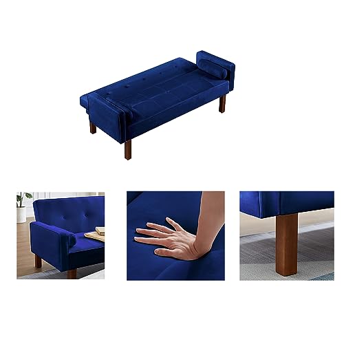 SYING88 Modern Velvet Convertible Futon Sofa and Comfortable Memory Foam Futon Couch Sofa Bed with Arms and 2 Pillows for Living Room Bedroom(Blue)