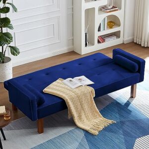 SYING88 Modern Velvet Convertible Futon Sofa and Comfortable Memory Foam Futon Couch Sofa Bed with Arms and 2 Pillows for Living Room Bedroom(Blue)