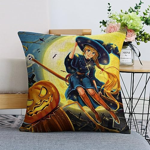 Witch Pumpkin Halloween Throw Pillow Covers 18×18 Pillowcases Set of 1 Cute Ghost Moon Linen Decorative Square Pillow Case Cushion Covers Standard Size for Sofa Couch Outdoor Bed Pillow Protectors