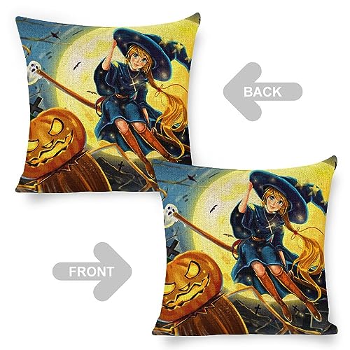 Witch Pumpkin Halloween Throw Pillow Covers 18×18 Pillowcases Set of 1 Cute Ghost Moon Linen Decorative Square Pillow Case Cushion Covers Standard Size for Sofa Couch Outdoor Bed Pillow Protectors