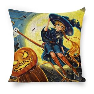 Witch Pumpkin Halloween Throw Pillow Covers 18×18 Pillowcases Set of 1 Cute Ghost Moon Linen Decorative Square Pillow Case Cushion Covers Standard Size for Sofa Couch Outdoor Bed Pillow Protectors