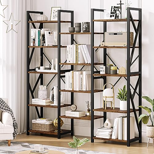 GAOMONTriple Wide 5 Tier Book Shelf, Tall Bookshelf with Open Display Shelves, Industrial Large Bookshelves and Bookcases with Metal Frame for Living Room, Bedroom, Home Office-Rustic Brown