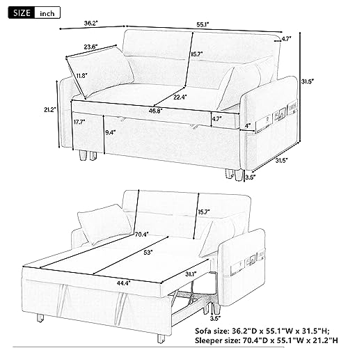 Gynsseh Pull Out Sofa Sleeper, 3 in 1 Convertible Sleeper Sofa Bed with 2 Pillows and Storage Pockets, Microfiber Love Seat Lounge Sofa Bed for Small Space, Living Room, Blue