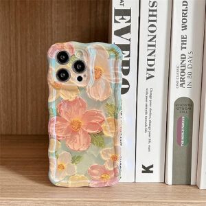 Blu-ray Oil Painting Flower for iPhone 14 Pro Phone Case Women Girls Colorful Floral Cute Stylish Soft Cover for Apple iPhone 14Pro 6.1"