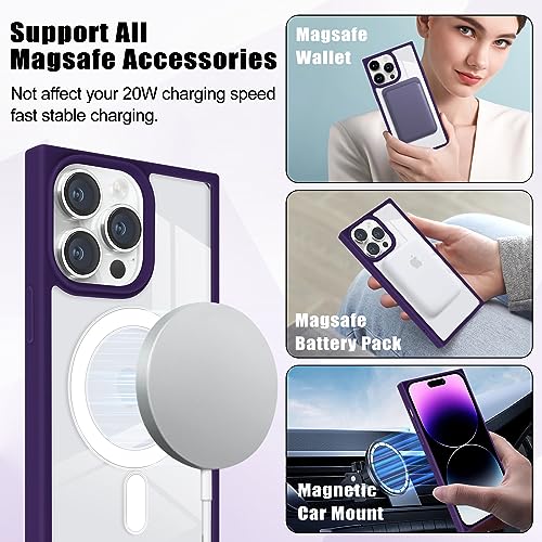 Newseego for iPhone 14 Pro Max Magnetic Case, Cute Clear Square Case with MagSafe for Women Girls Men Soft TPU Frame + Hard PC Back Non Yellowing Bumper Shockproof Cover for iPhone 14 Pro Max-Purple