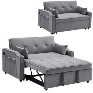 convertible futon couch with usb ports,velvet pull out sleeper sofa bed with cup holders and pockets,3 in 1 modern loveseat with adjustable backrest,small love seat for living room,office,grey