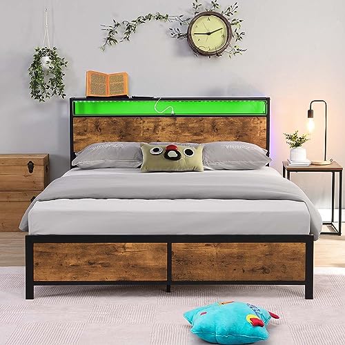 Anwick Metal Queen Bed Frame with Storage Headboard and 2 USB Ports,Industrial Bed Frame Queen Size with LED Lights and Underbed Storage,Noise Free, No Box Spring Needed (Queen)