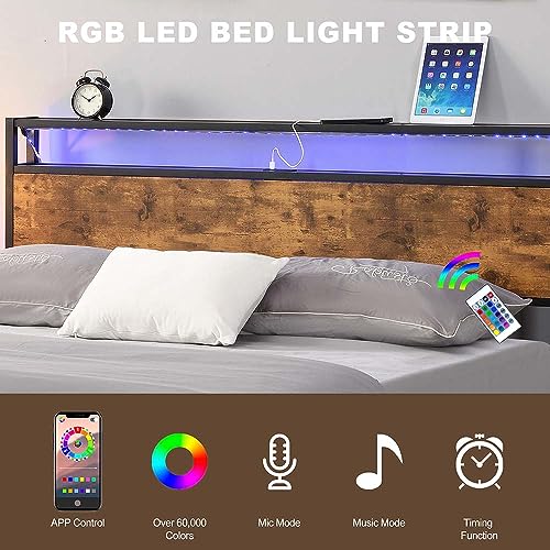 Anwick Metal Queen Bed Frame with Storage Headboard and 2 USB Ports,Industrial Bed Frame Queen Size with LED Lights and Underbed Storage,Noise Free, No Box Spring Needed (Queen)